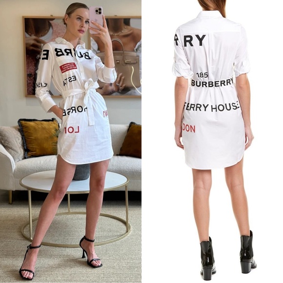 Burberry | Dresses | Burberry Kiley Horseferry Print Cotton Tie Waist Shirtdress Size 4 White ...
